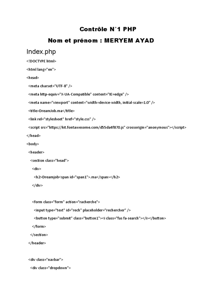 Index - PHP: Contrôle N°1 PHP Nom Et Prénom: MERYEM AYAD | PDF | Arial | Monotype Typefaces