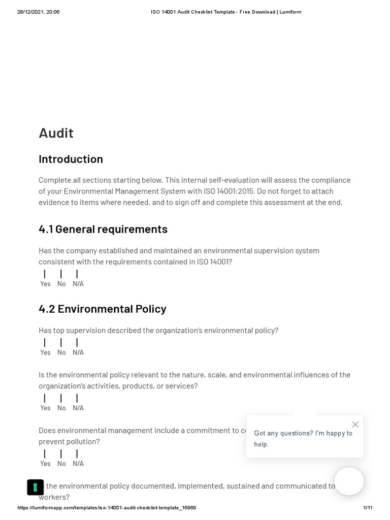 ISO 14001 Audit Checklist Template | PDF | Audit | Environmental ...