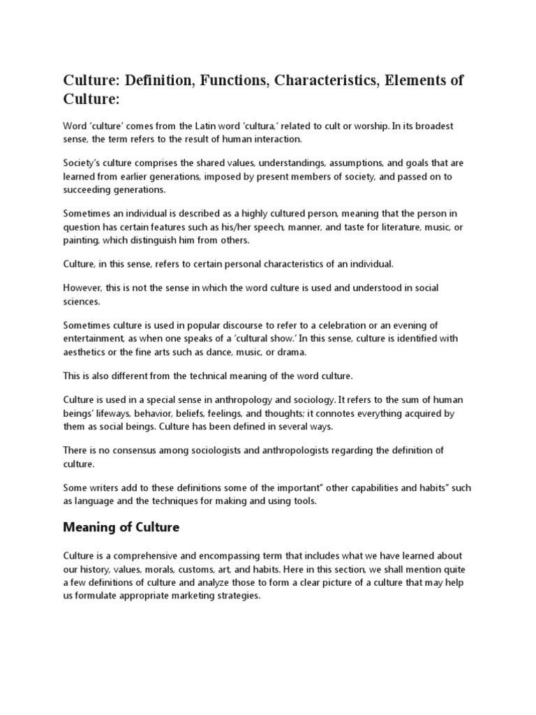 Culture: Definition, Functions, Characteristics, Elements of Culture ...