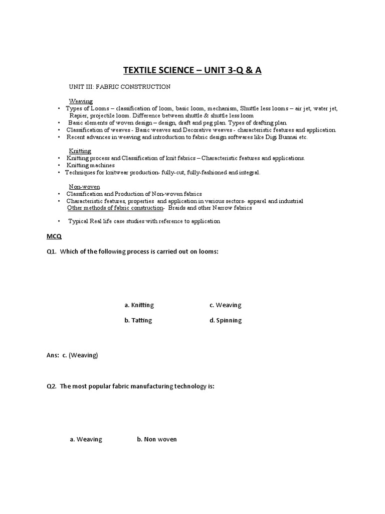 Textile Science - Unit 3-Q & A | PDF | Weaving | Loom