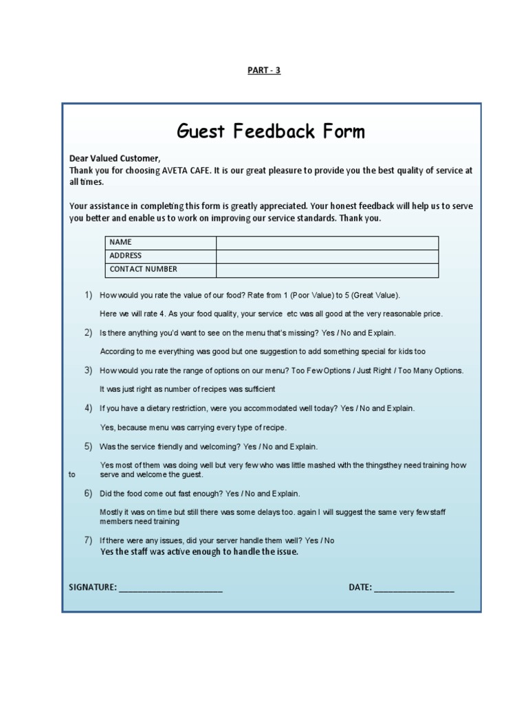 Guest Feedback Form: Part - 3 | Download Free PDF | Restaurants | Foods