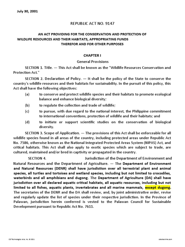 Ra 9147 Highlighted Wildlife Resources Conservation And Protection