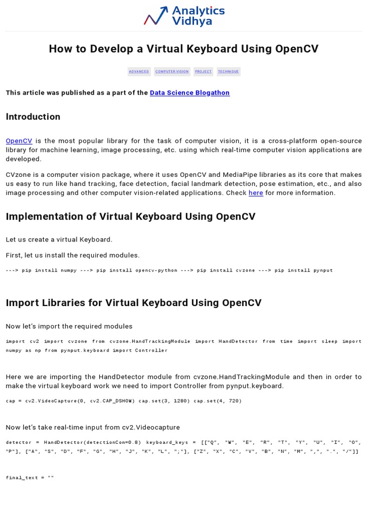 How To Develop A Virtual Keyboard Using Opencv Pdf Computer Keyboard Function Mathematics 3734