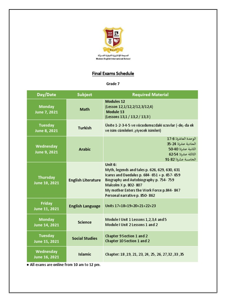 G7 Final Exams Schedule | PDF