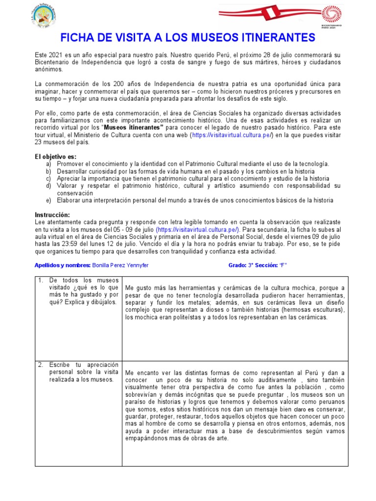 Ficha de Visita A Los Museos Itinerantes Yennyfer | PDF | Museo