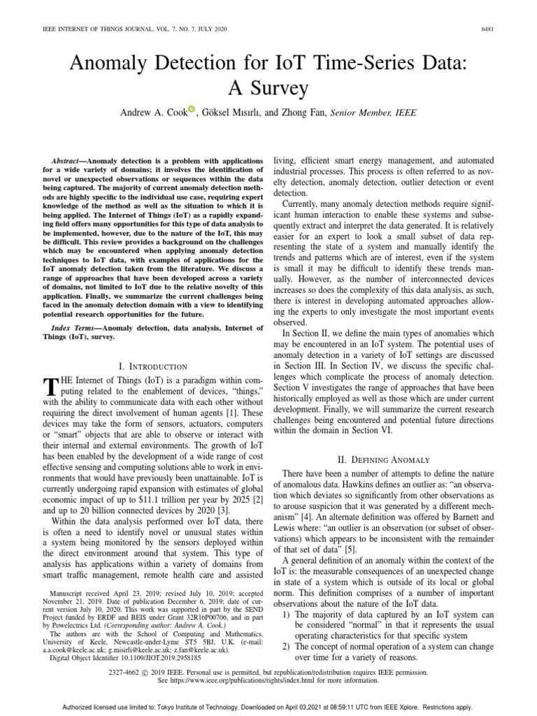 Anomaly Detection For IoT Time-Series Data A Survey | PDF | Internet Of Things | Time Series