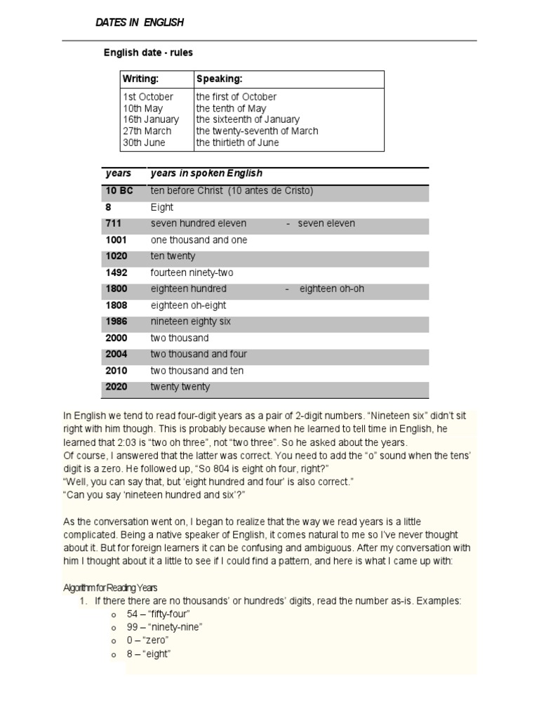 Dates in English: English Date - Rules Writing: Speaking | PDF ...