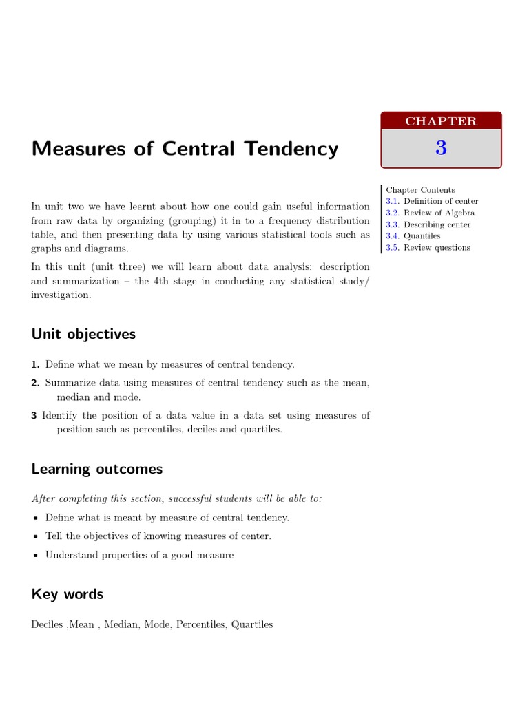 Measures of Central Tendency: Unit Objectives | PDF | Summation | Mean