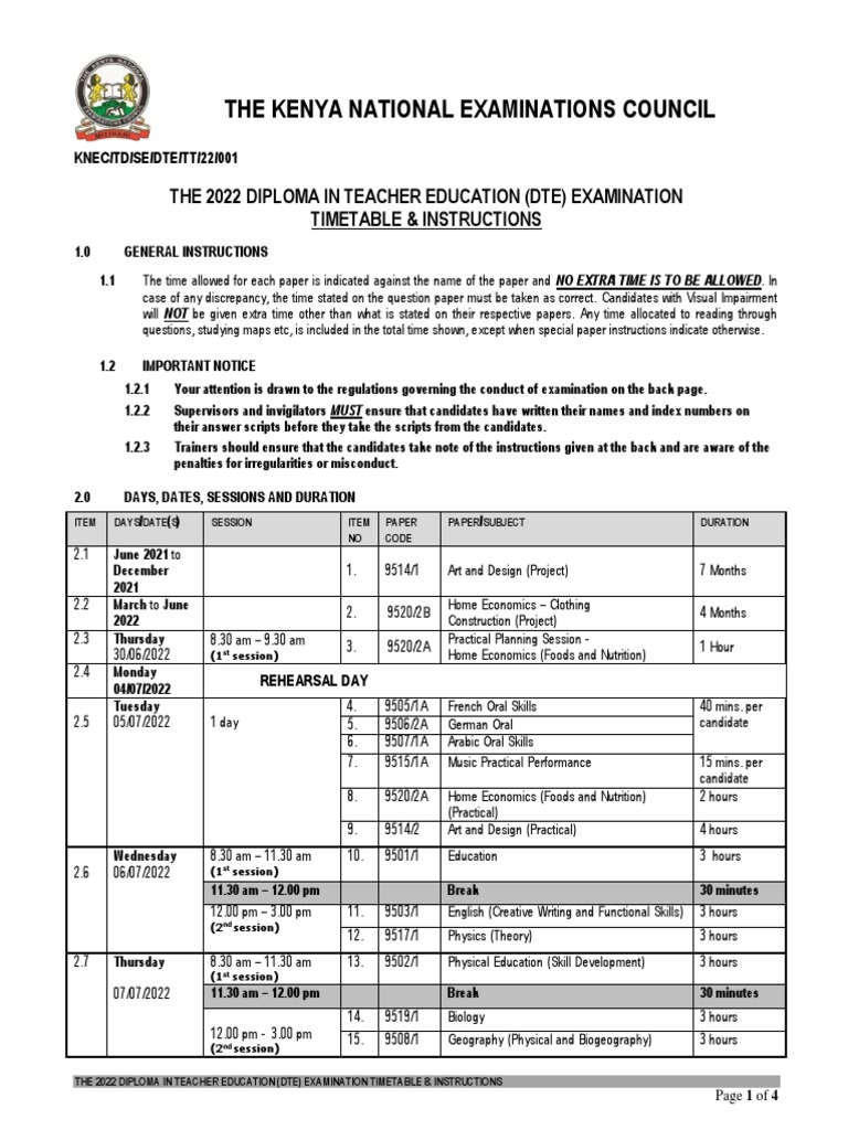 KNEC 2022 DTE Exam Timetable | PDF | Test (Assessment)