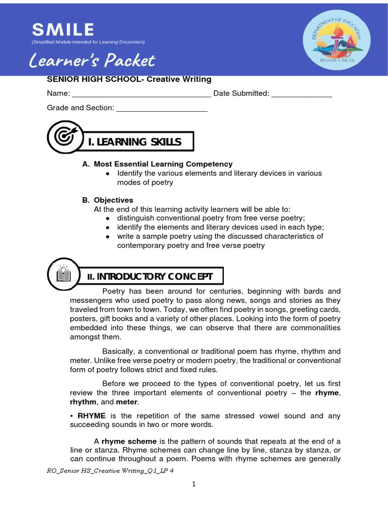SENIOR HIGH SCHOOL-Creative Writing: A. Most Essential Learning ...
