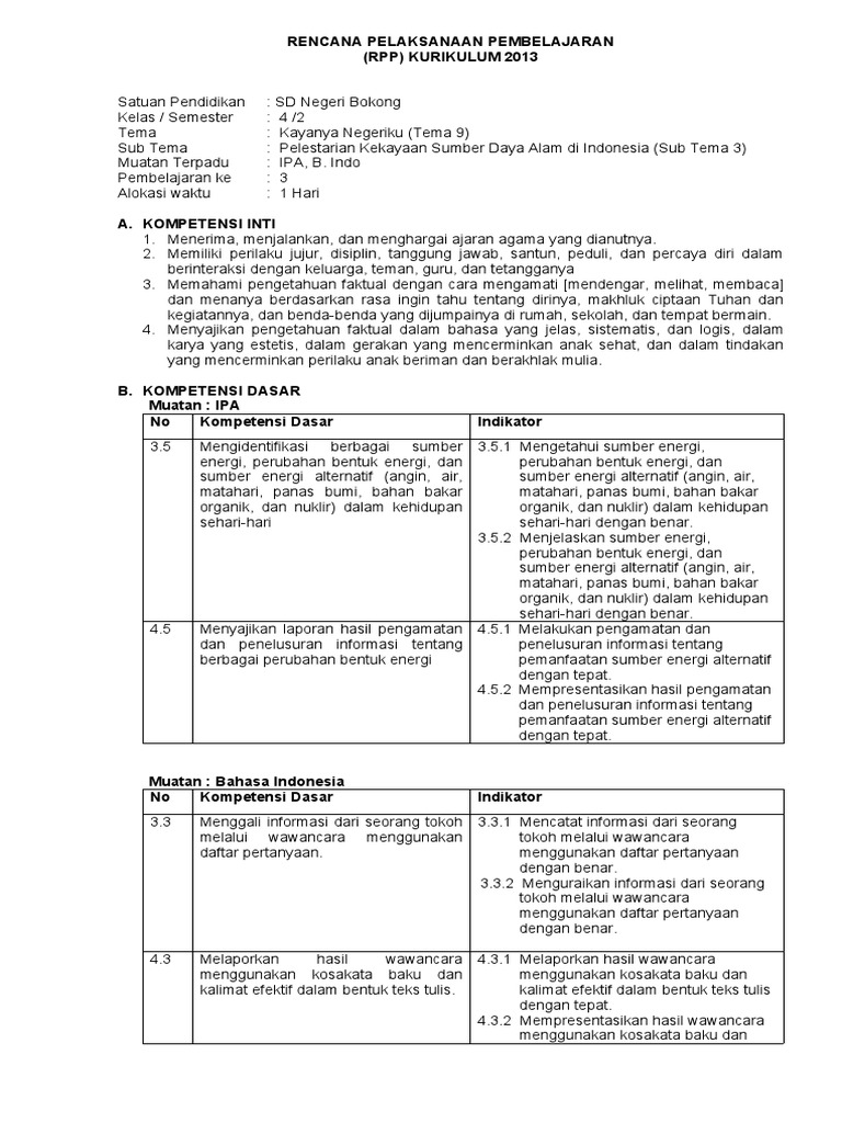 RPP Kelas 4 Tema 9 Sub 3 PB 3 | PDF