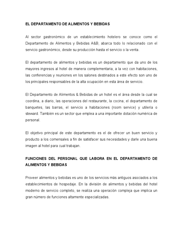 El Departamento de Alimentos y Bebidas | PDF | Hotel | Alimentos