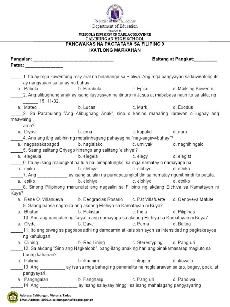 Filipino 9 Third Quarter Summative Test | PDF