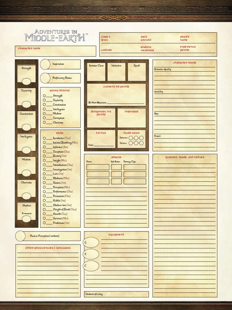 Adventures in Middle Earth - Character Sheet | PDF | Adventure Games ...