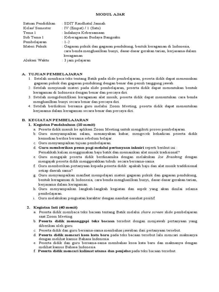 Modul Ajar Kelas 4 Tema 1 Subtema 1 Pembelajaran 1 2 Pdf