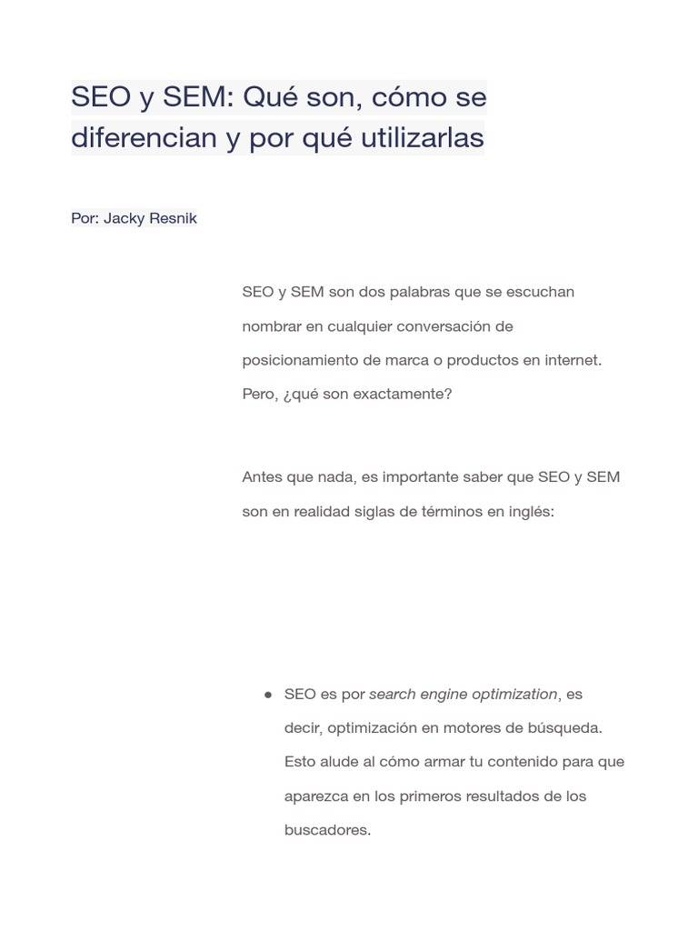 SEO y SEM - Qué Son, Cómo Se Diferencian y Por Qué Utilizarlas | PDF ...