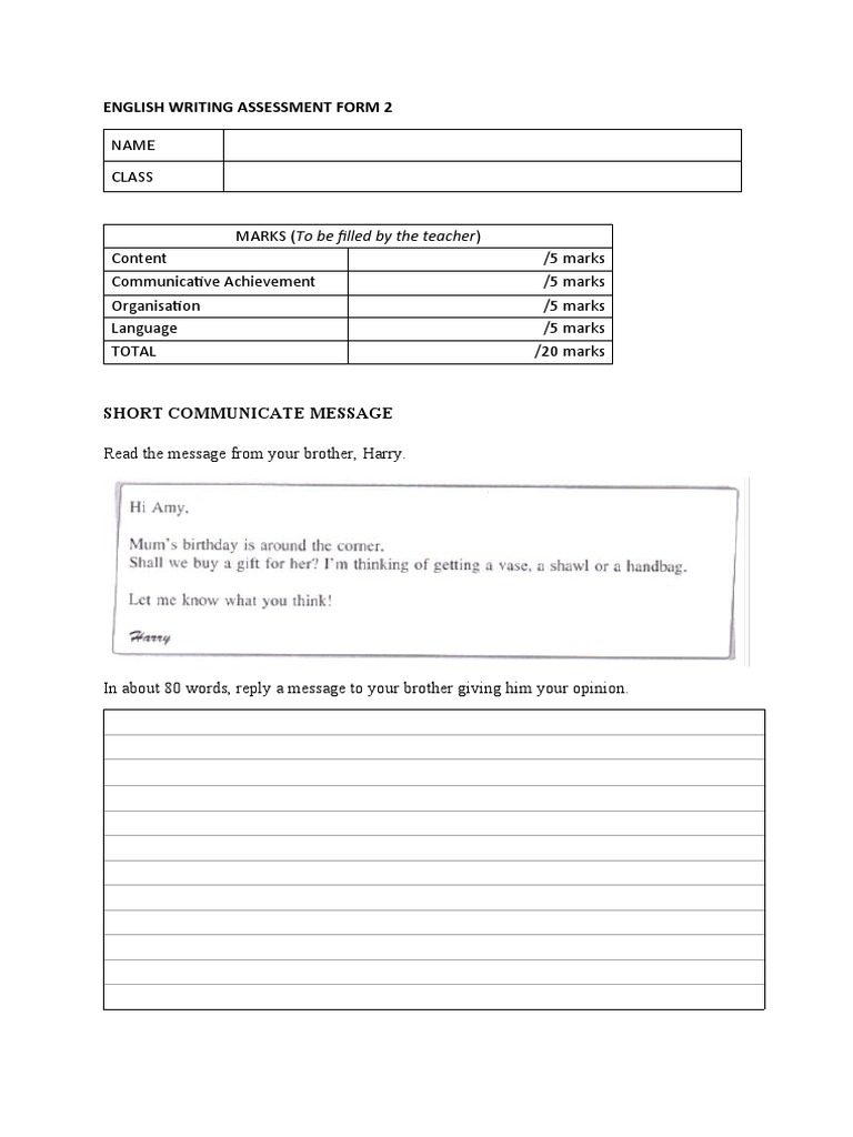English Writing Assessment Form 2 | PDF
