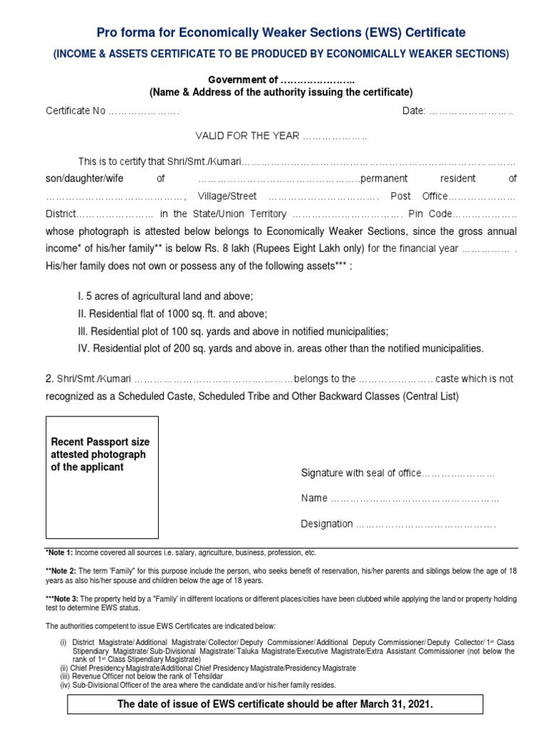 Pro Forma For Economically Weaker Sections (EWS) Certificate | PDF ...