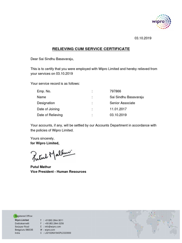 Relieving Cum Service Certificate: For Wipro Limited | PDF