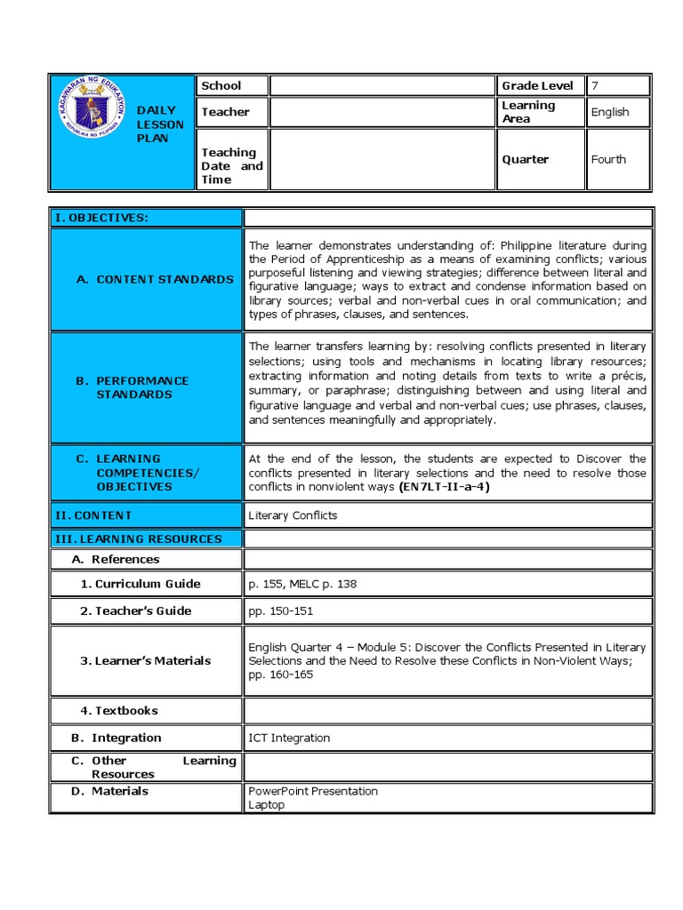 Lesson Plan Literary Conflicts Q4-M5 | PDF | Learning | Motivation