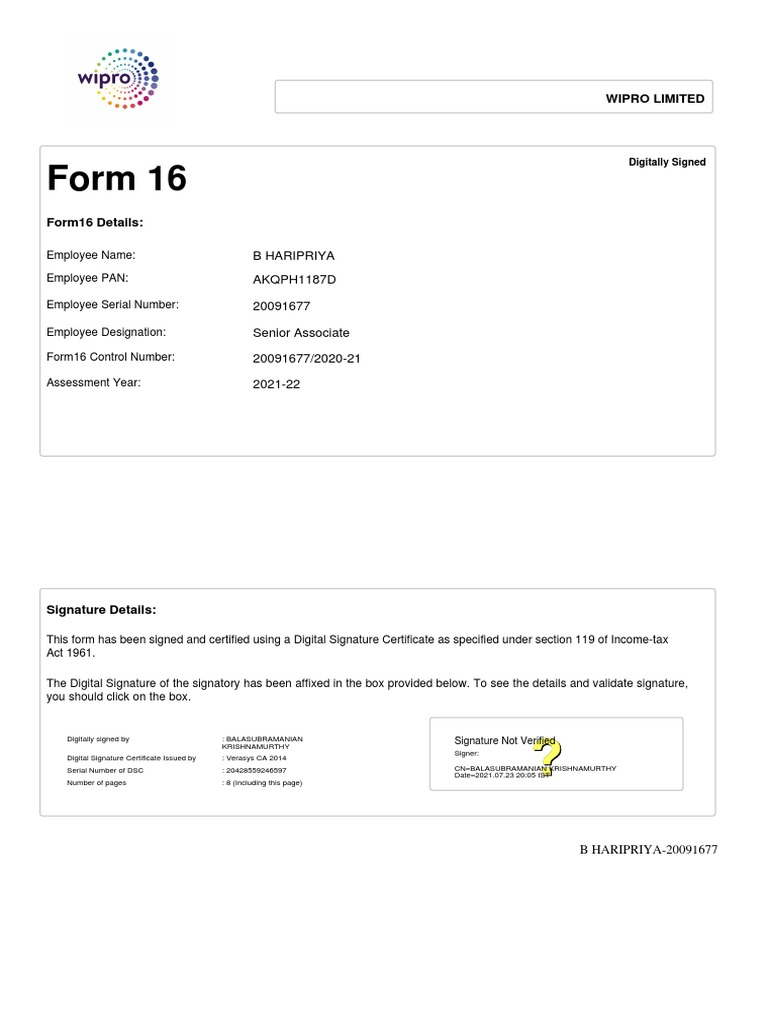 Form 16: Wipro Limited | PDF | Employee Benefits | Tax Deduction