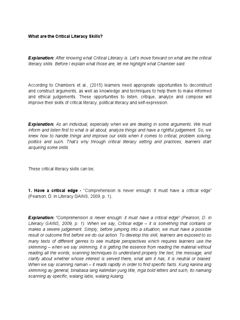 What Are The Critical Literacy Skills | PDF | Literacy | Learning