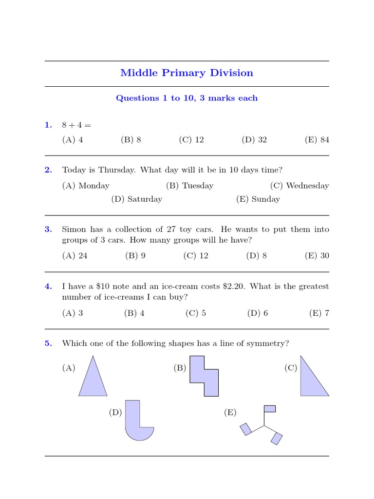 2014 Australian Mathematics Competition AMC Middle Primary Years 3 and ...
