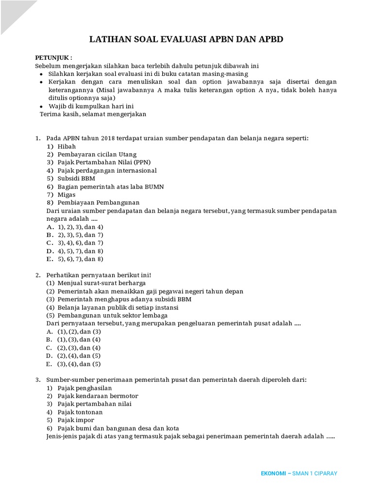 Soal Evaluasi Apbn Dan Apbd | PDF