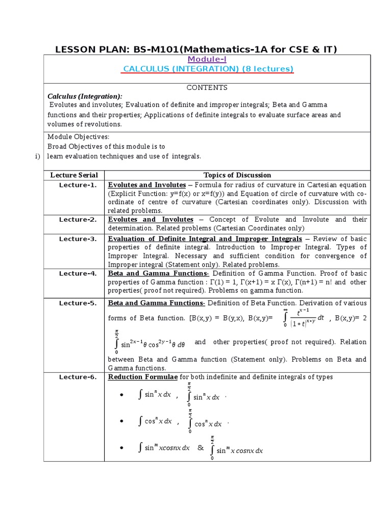 LESSON PLAN: BS-M101 (Mathematics-1A For CSE & IT) | PDF | Matrix ...