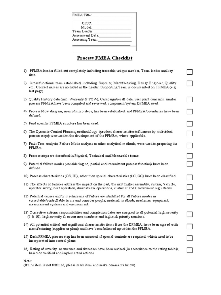 PFMEA Checklist | PDF | Systems Theory | Computing