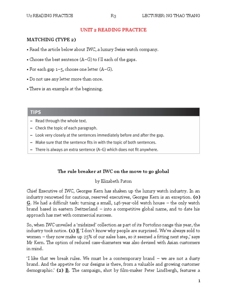 Matching (Type 2) : Unit 2 Reading Practice | PDF | Brand | Advertising