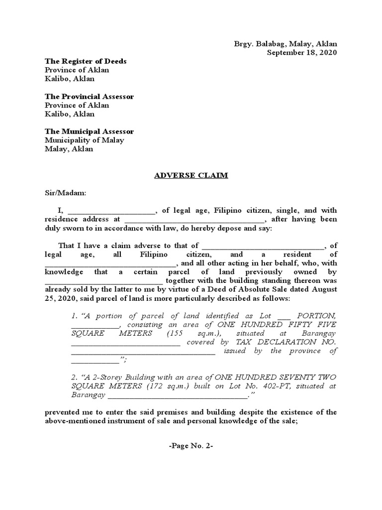 Adverse Claim - Sample | PDF | Justice | Crime & Violence