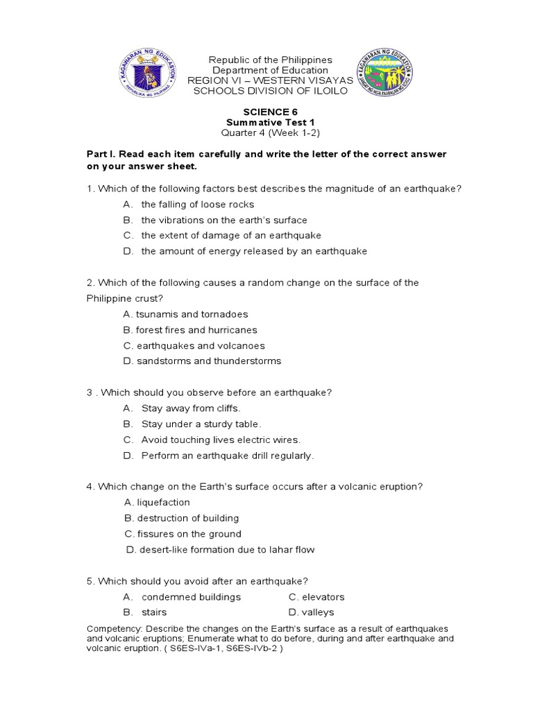 Grade 6 Science: Earthquake & Volcano Test | PDF | Volcano | Earthquakes