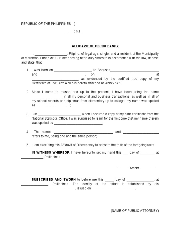 Affidavit of Discrepancy | PDF | Affidavit | Philippines