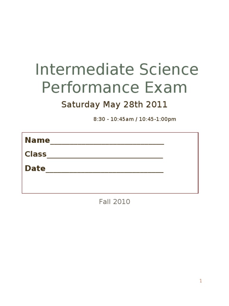 Intermediate Science Performance Exam | PDF | Test (Assessment) | Science