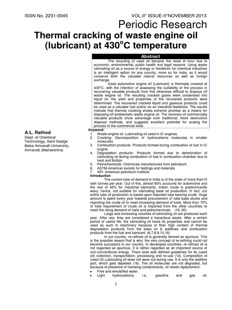 Thermal Cracking of Waste Oil | PDF | Cracking (Chemistry) | Motor Oil
