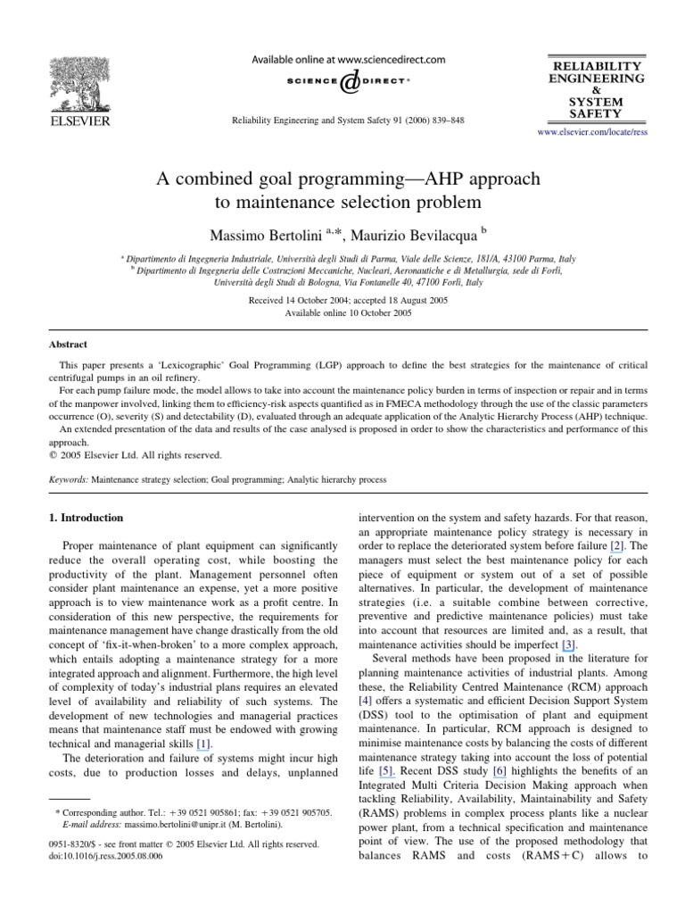 A Combined Goal Programming and Analytic Hierarchy Process Approach for Solving a Maintenance ...
