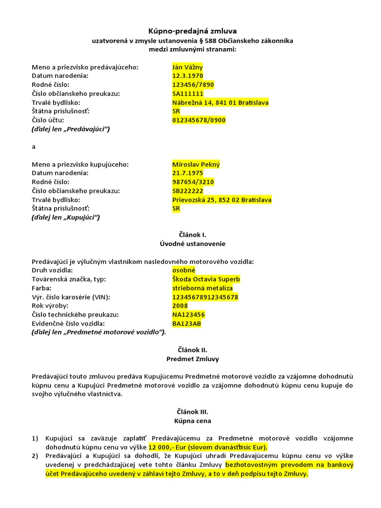 Kupno Predajna Zmluva Na Auto Medzi Fyzickymi Osobami | PDF