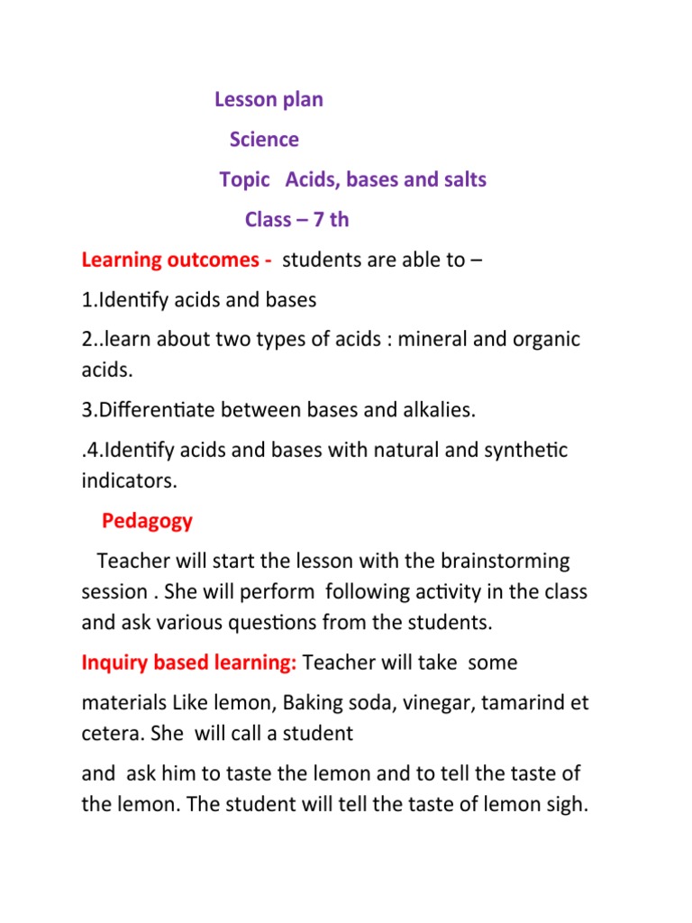 Class 7 Lesson Plan: Acids, Bases, Salts | PDF | Acid | Taste