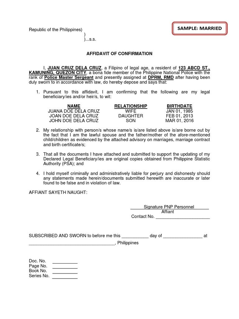 Sample: Married: Affidavit of Confirmation | PDF | Affidavit | Civil ...