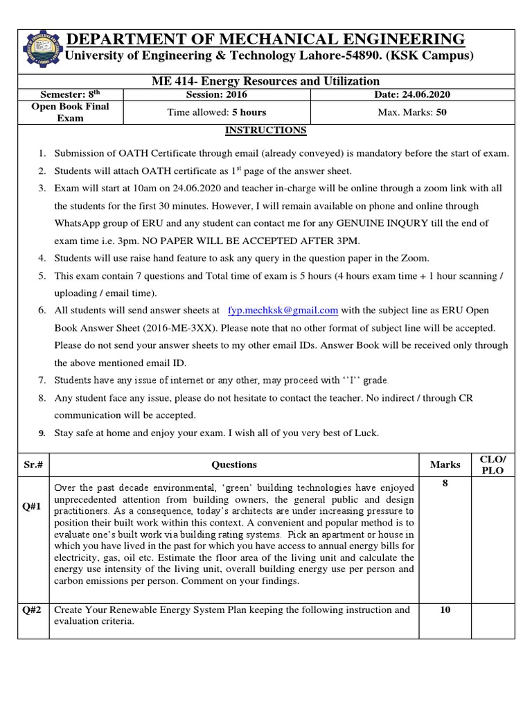 Open Book Final Exam - ERU - Session 2016 | PDF | Efficient Energy Use | Energy Conservation