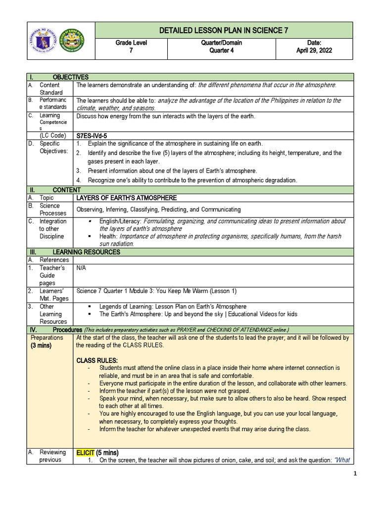 Semi-Detailed Lesson Plan in Science 7 - Layers of The Atmosphere | PDF ...