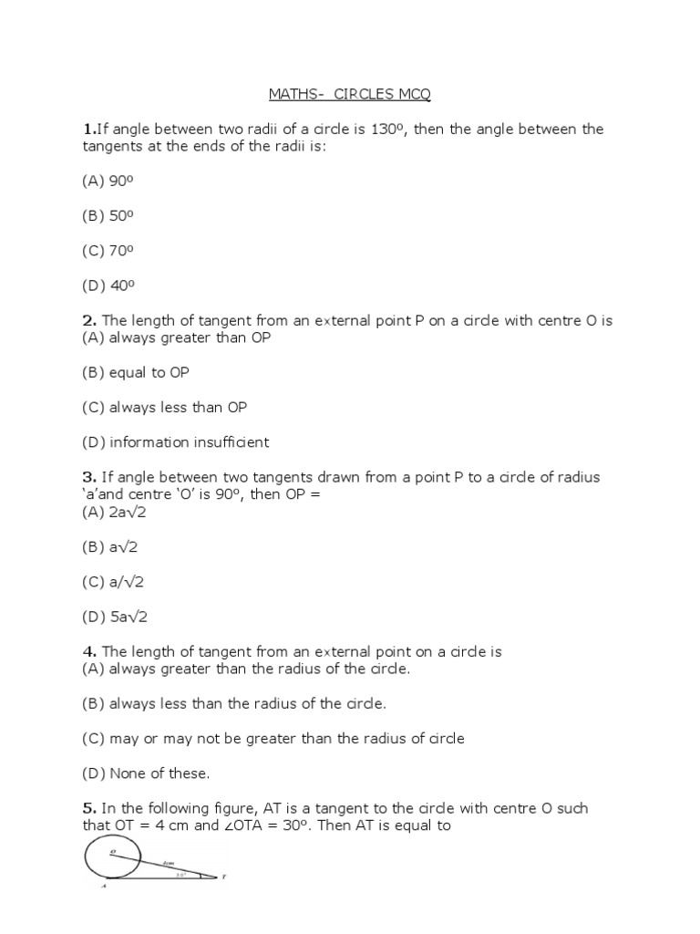 Circles Class 10th MCQ - 1 Test | PDF | Circle | Perpendicular