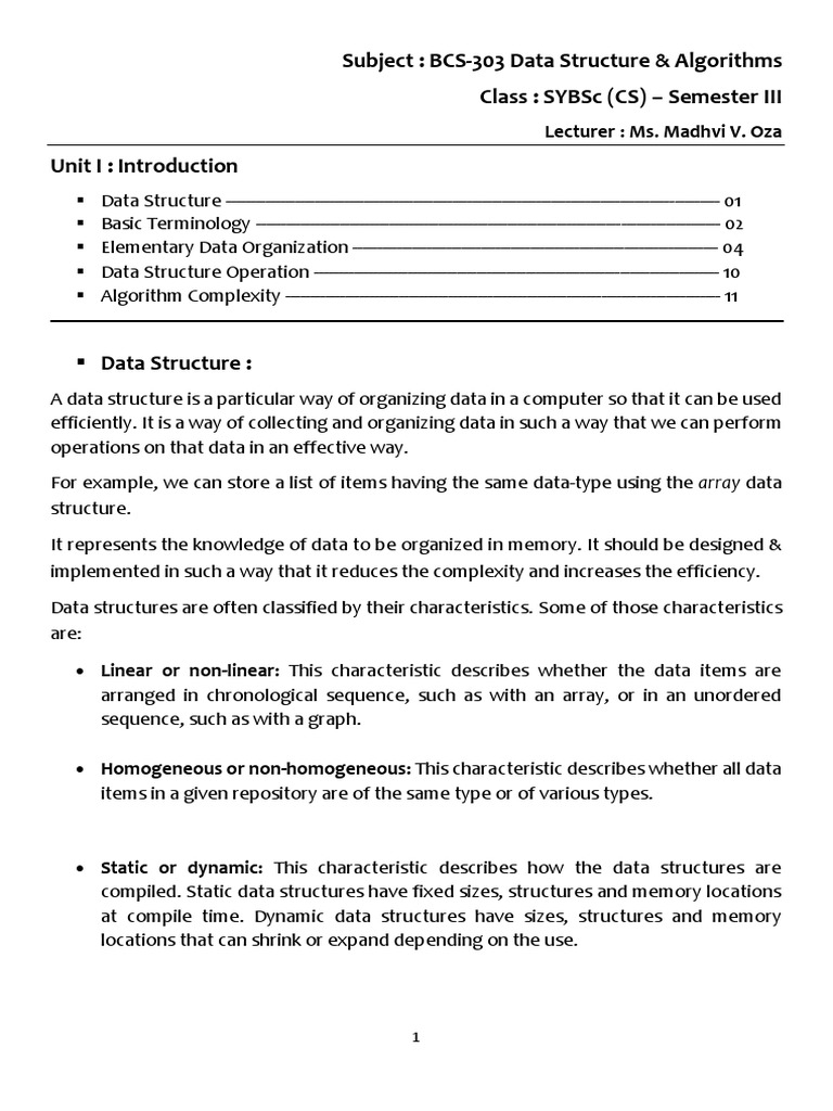 Subject: Bcs-303 Data Structure & Algorithms Class: Sybsc (CS ...