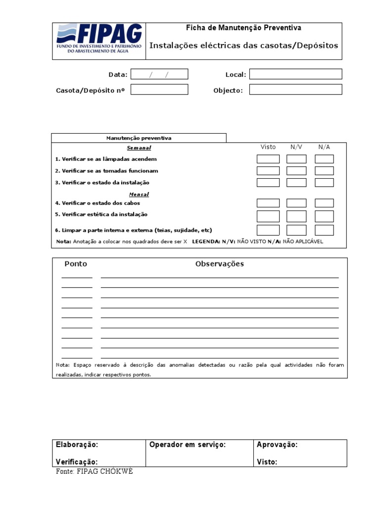 Ficha de Manutenção Instalação Das Casotas e Depositos | PDF