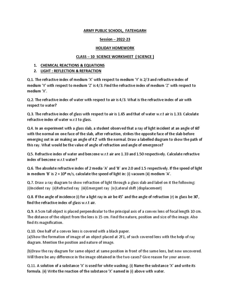Worksheet Holiday Homework Class 10-1 | PDF | Refractive Index | Refraction