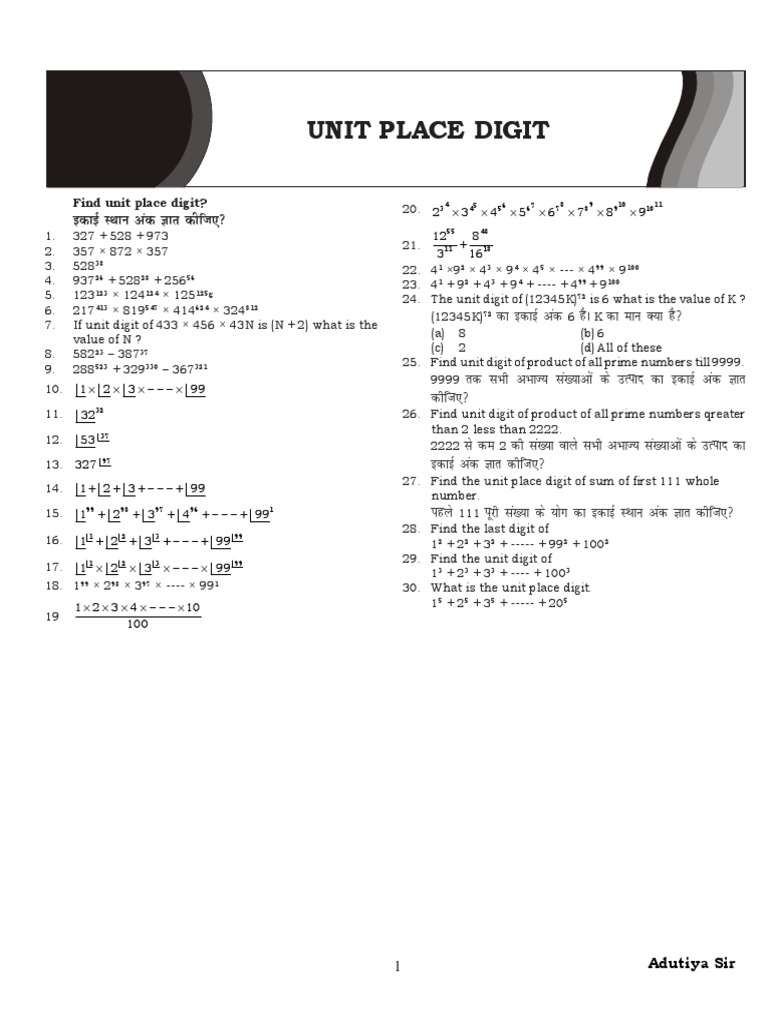 Unit Place Digit | PDF | Number Theory | Elementary Mathematics