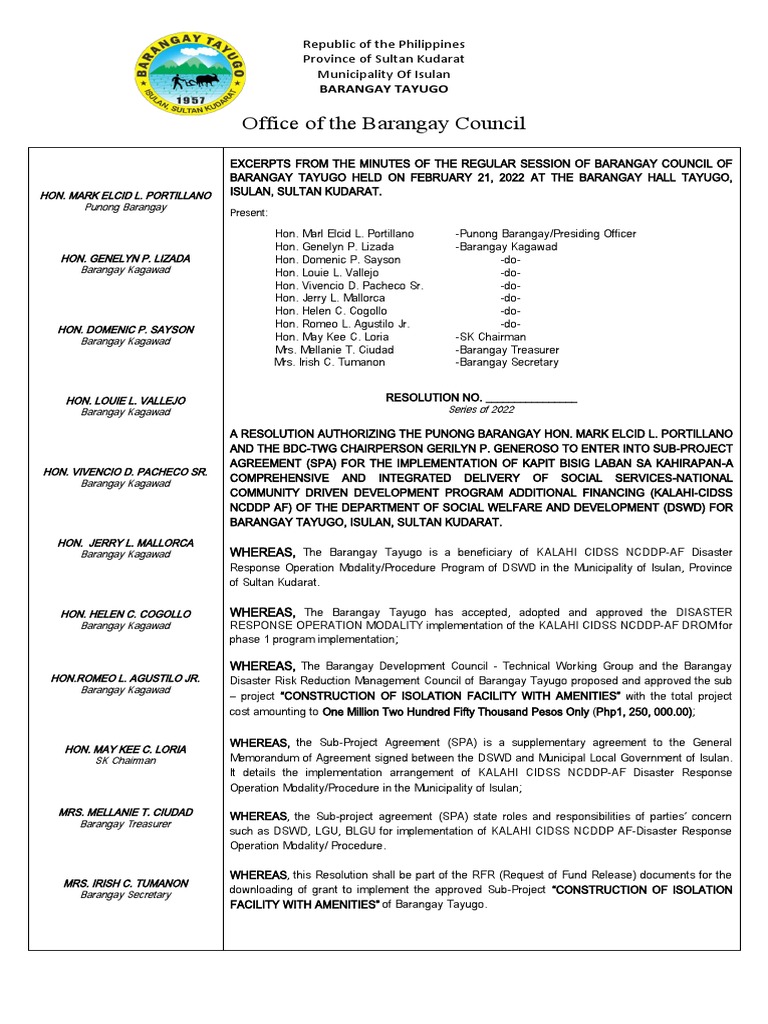 Office of The Barangay Council: Republic of The Philippines Province of ...