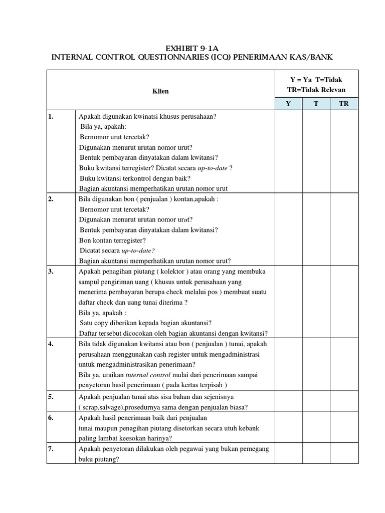 Exhibit 9-1A Internal Control Questionnaries (Icq) Penerimaan Kas/Bank ...
