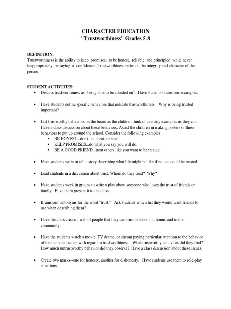Character Education "Trustworthiness" Grades 5-8: Definition | PDF ...
